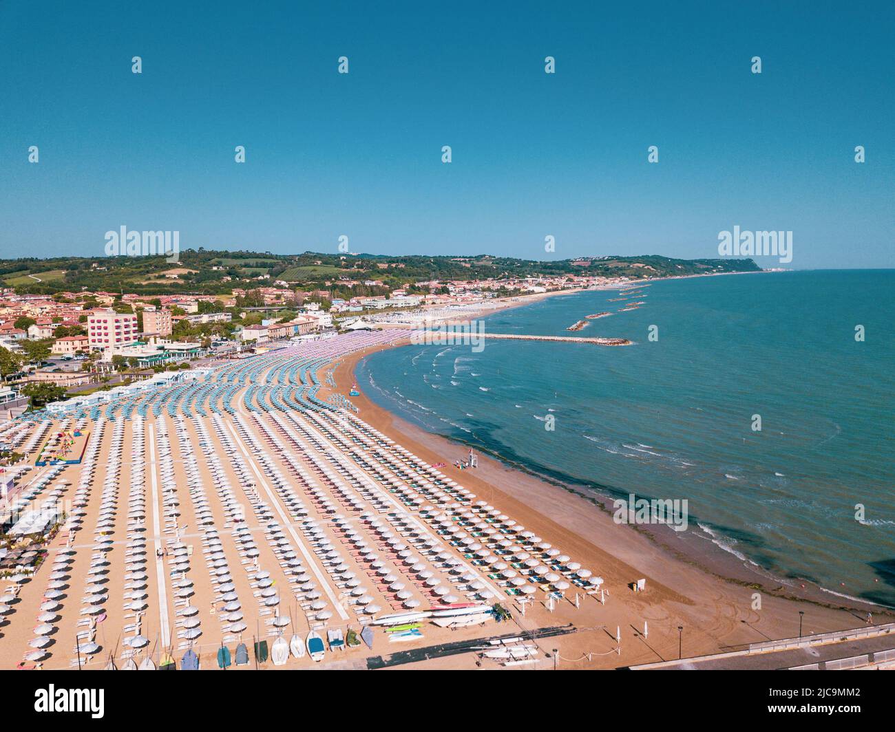Italy, June 2022; aerial view of Fano with its sea, beaches, port ...