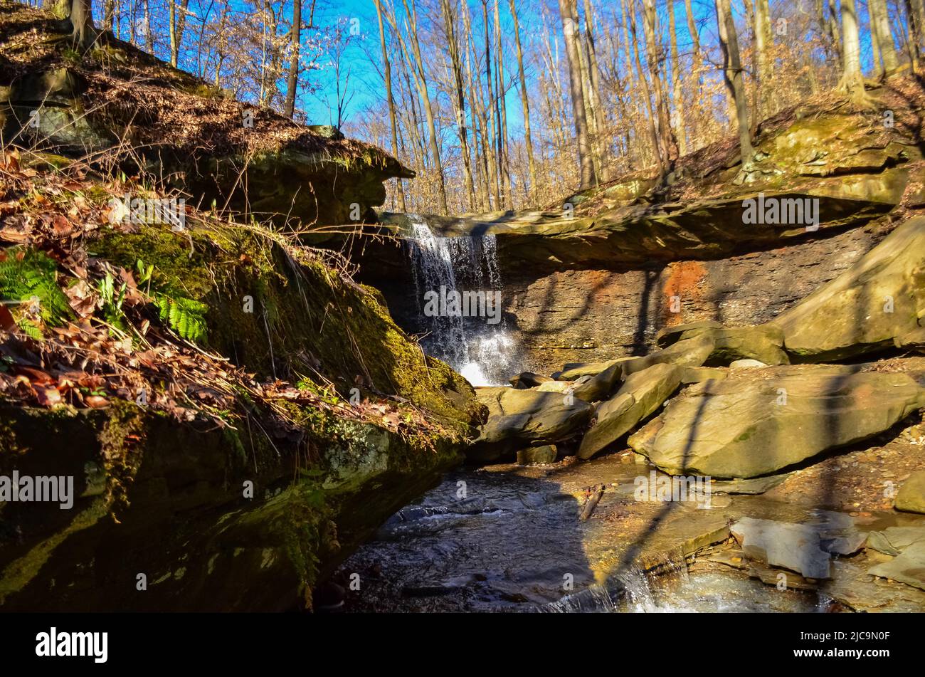 A small waterfall in the autumn in the forest in the parkon Brandywine ...