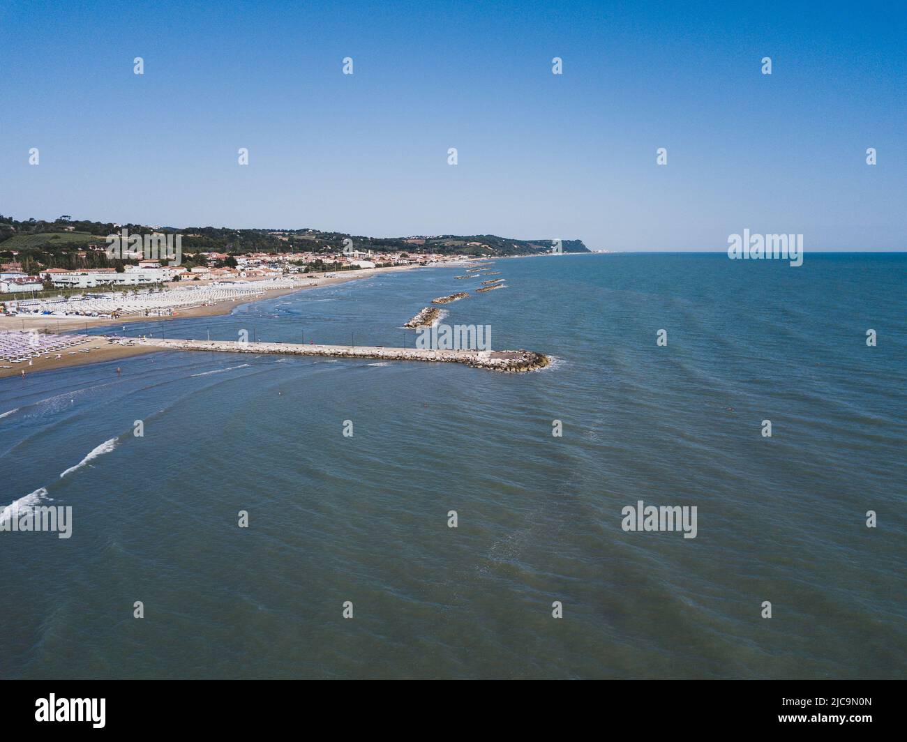 Italy, June 2022; aerial view of Fano with its sea, beaches, port ...