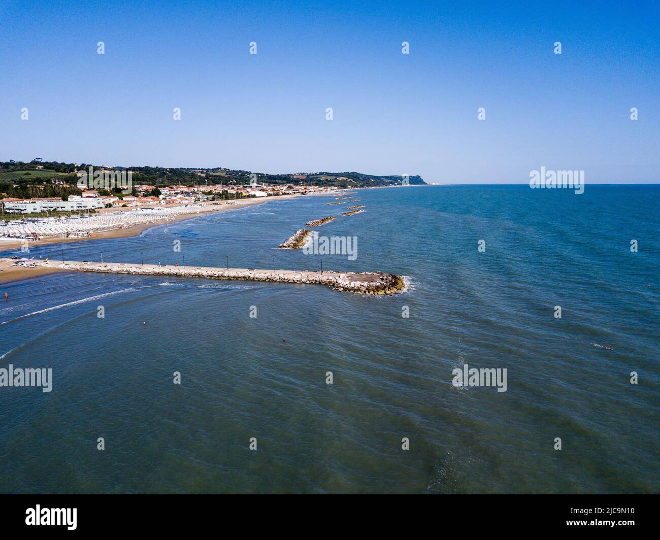 Italy, June 2022; aerial view of Fano with its sea, beaches, port ...