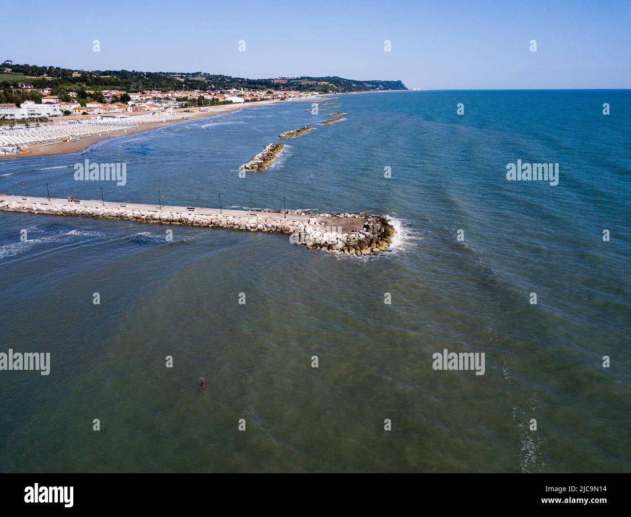 Italy, June 2022; aerial view of Fano with its sea, beaches, port ...