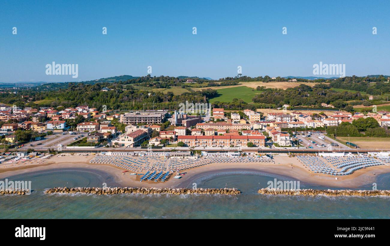 Italy, June 2022; aerial view of Fano with its sea, beaches, port ...