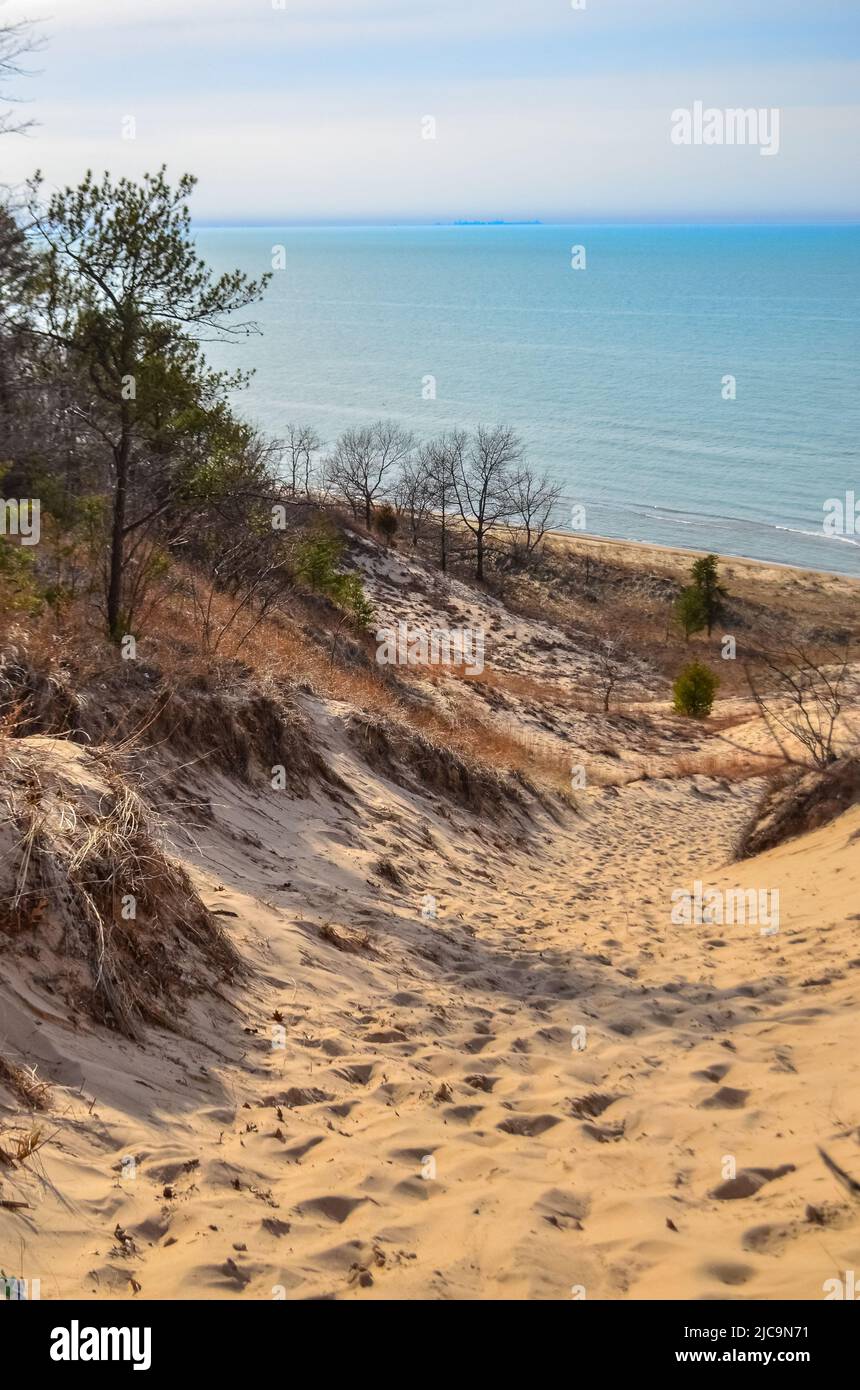 Sand dunes with traces of people on a sand path down. Indiana Dunes ...