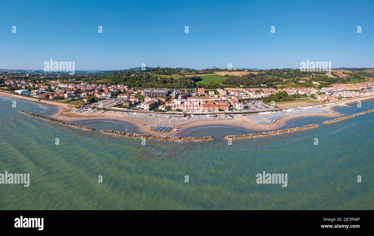 Italy, June 2022; aerial view of Fano with its sea, beaches, port ...