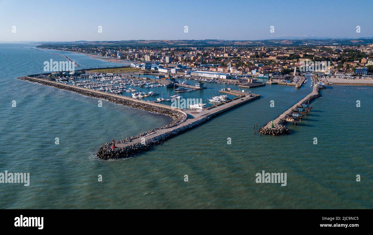 Italy, June 2022; aerial view of Fano with its sea, beaches, port ...