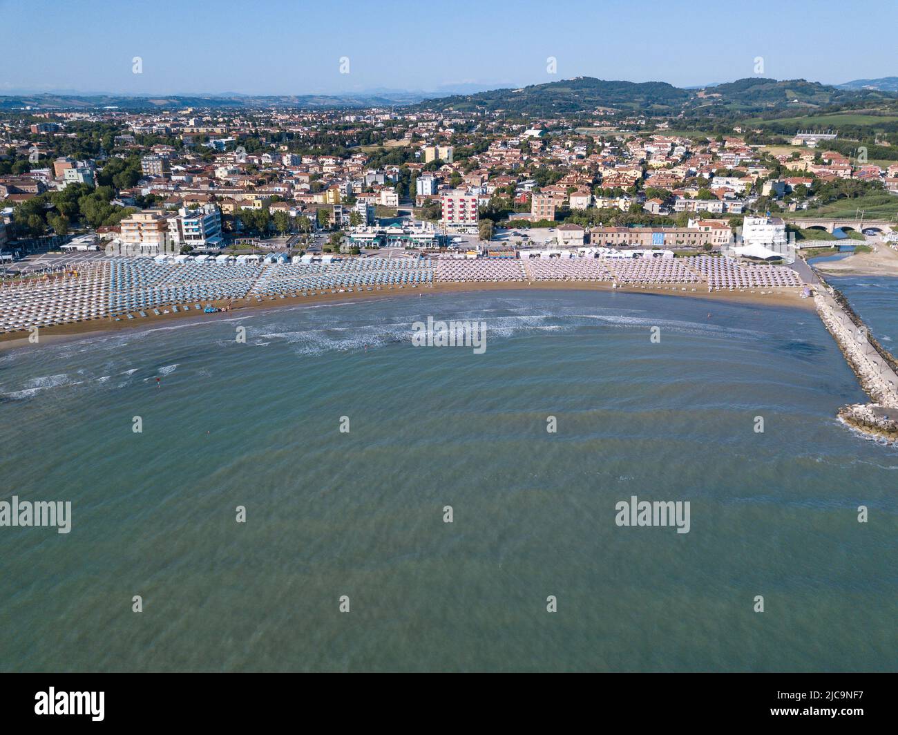 Italy, June 2022; aerial view of Fano with its sea, beaches, port ...
