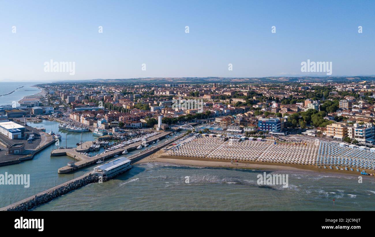 Italy, June 2022; aerial view of Fano with its sea, beaches, port ...