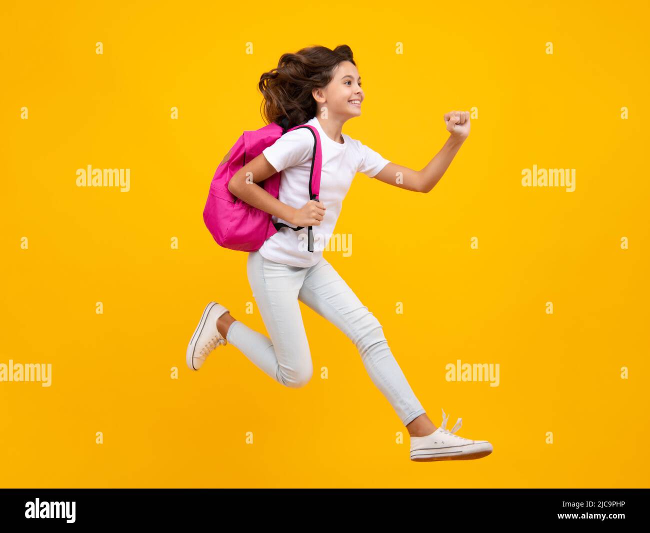 Schoolgirl with backpack. Teenager student, isolated background ...