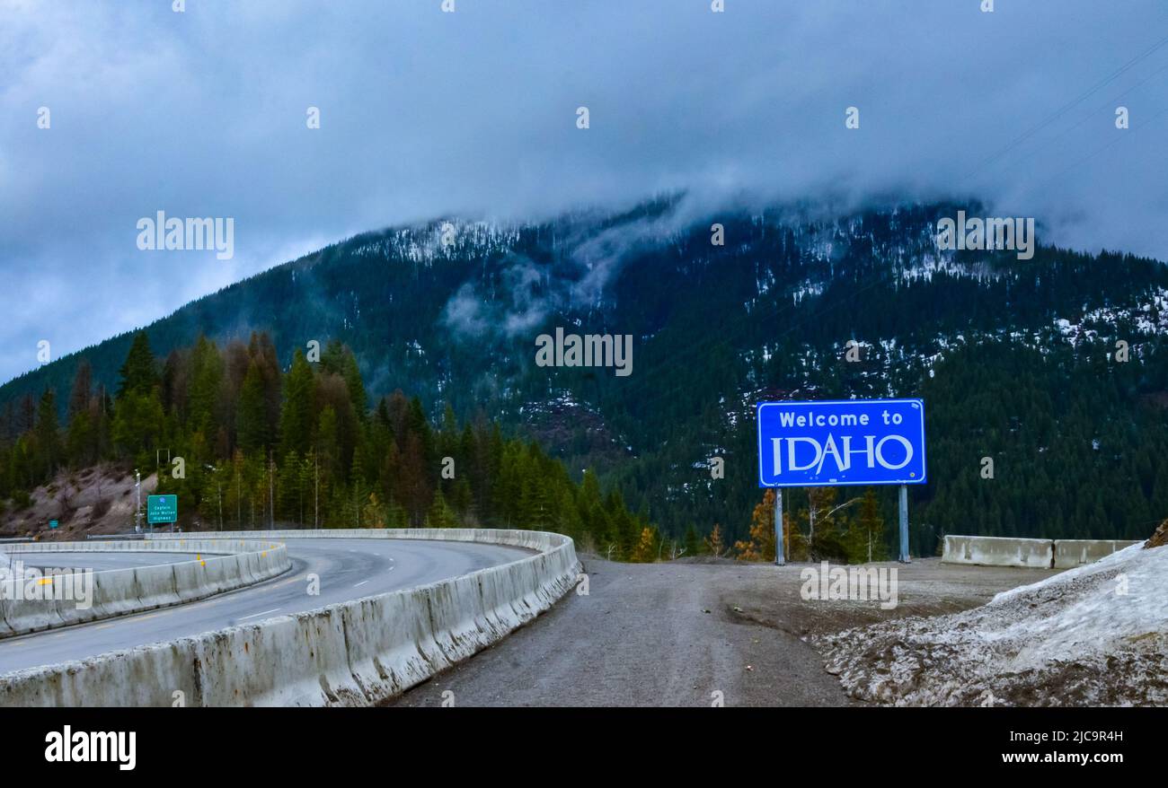Snowy forest. Information "Welcome to AIDAHO" on the background of ...