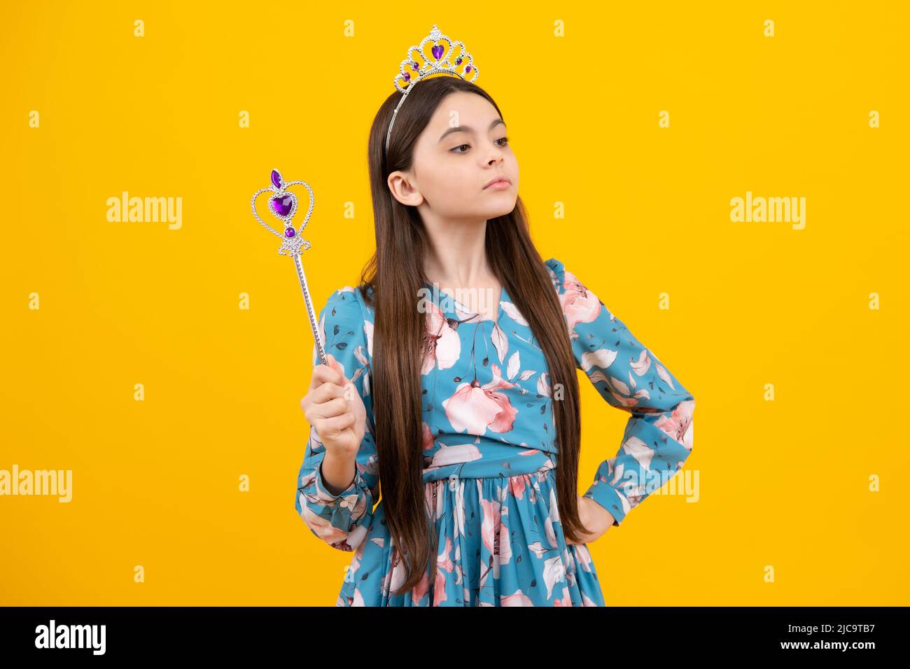 Teenage child girl princess on yellow background. Romantic wonderland ...
