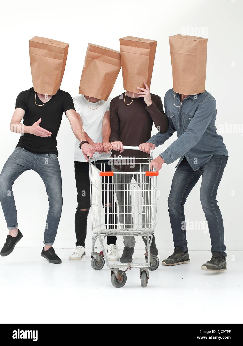 four men in a shopping concept on white Stock Photo - Alamy