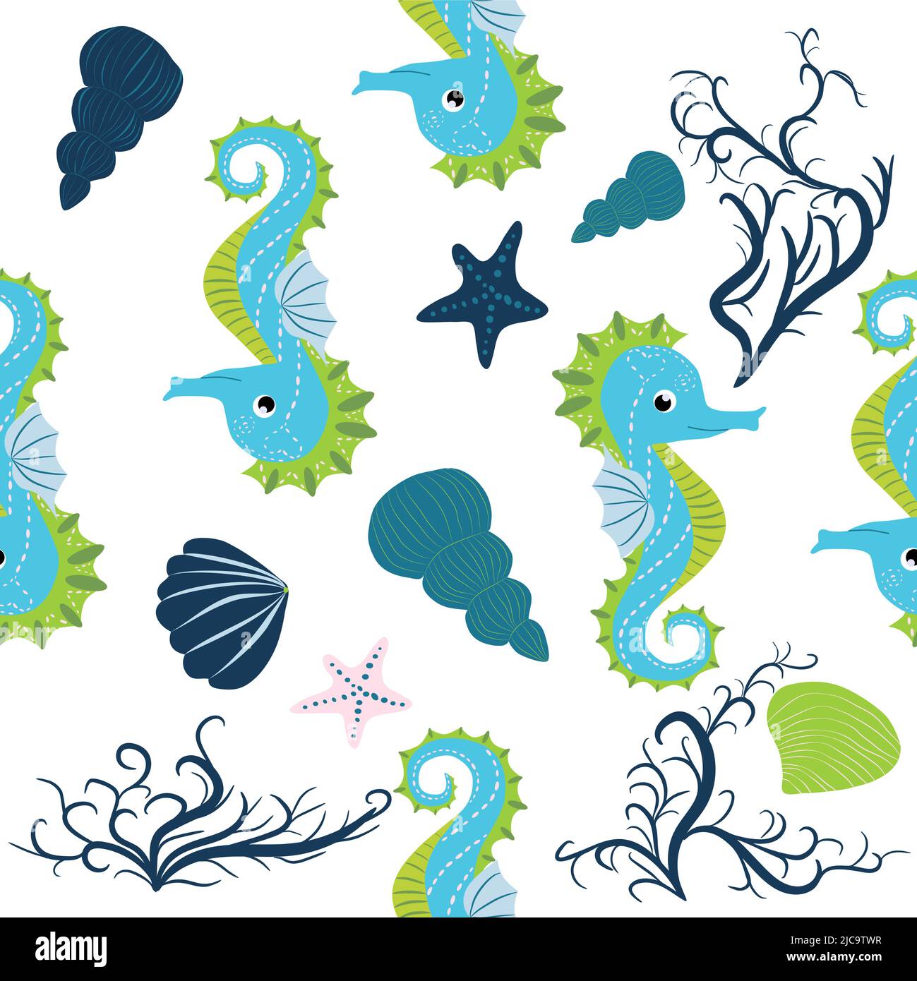 Cute seahorses cartoon seamless pattern. Hand drawn ocean animals ...