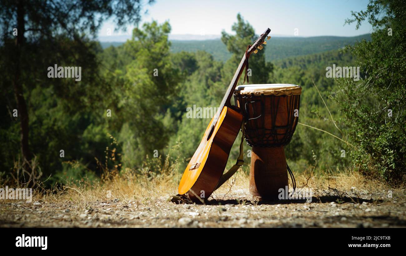 Guitar and African djembe drum in nature Stock Photo - Alamy