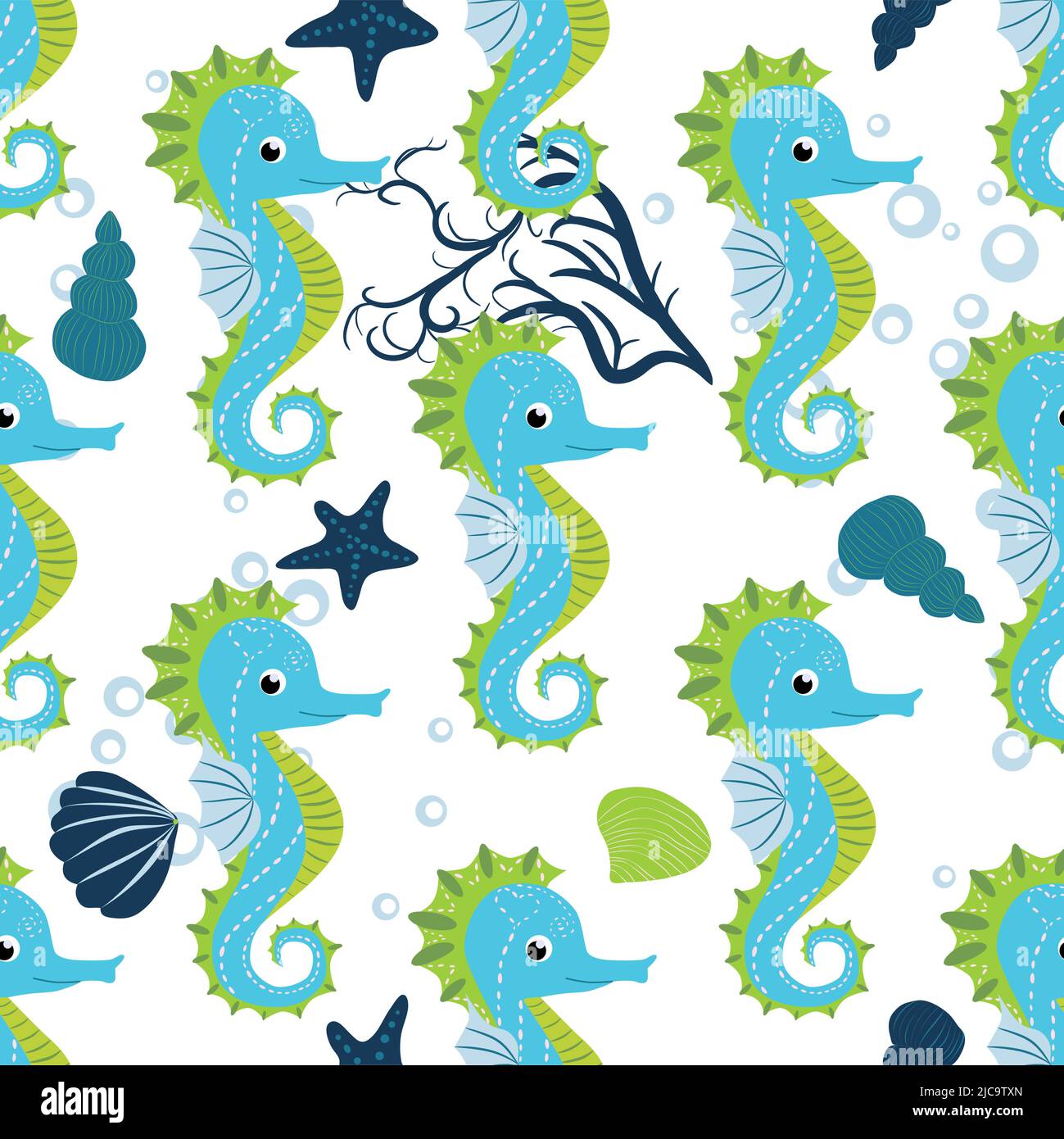 Cute seahorses cartoon seamless pattern. Hand drawn ocean animals ...