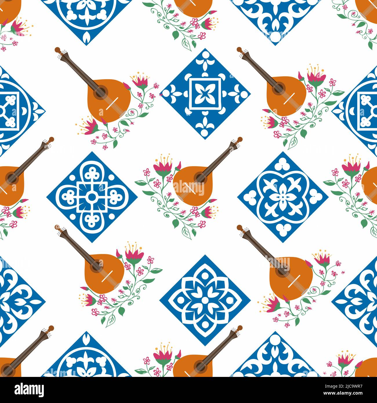 Portuguese guitar seamless pattern with flowers, typical azulejo tiles ...
