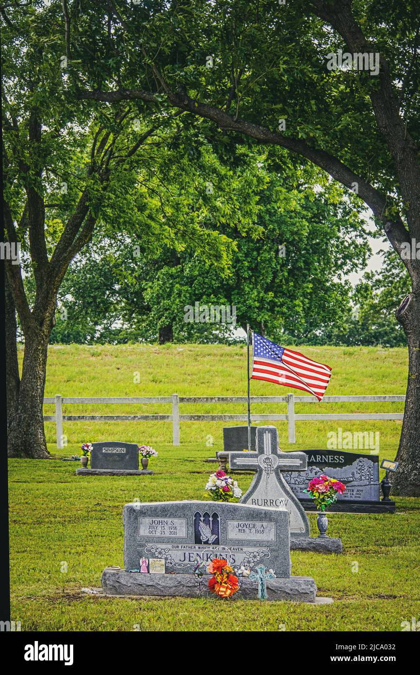 2019 05 25 Mannford OK USA Country cemetery with religious tombstones ...