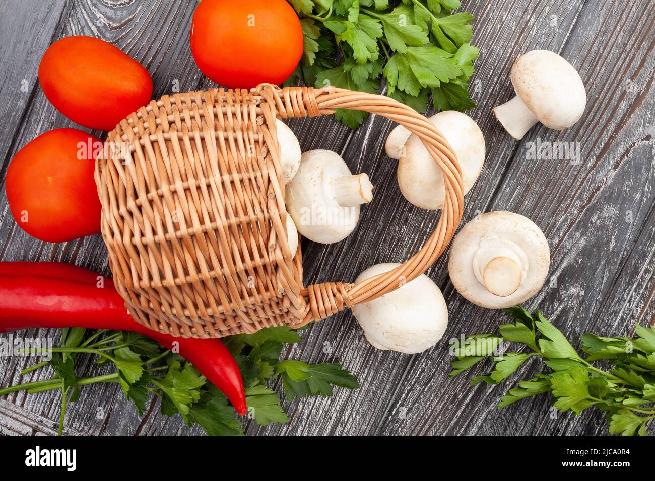 white mushrooms on wood background top view Stock Photo - Alamy