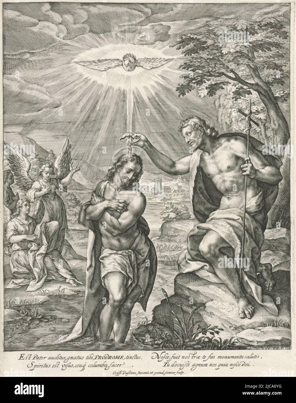 John the Baptist baptizes Christ in the Jordan River In the opened ...
