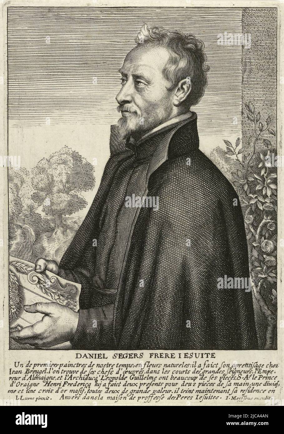 Portrait of Daniel Seghers, half dressed In his hands he holds a print ...