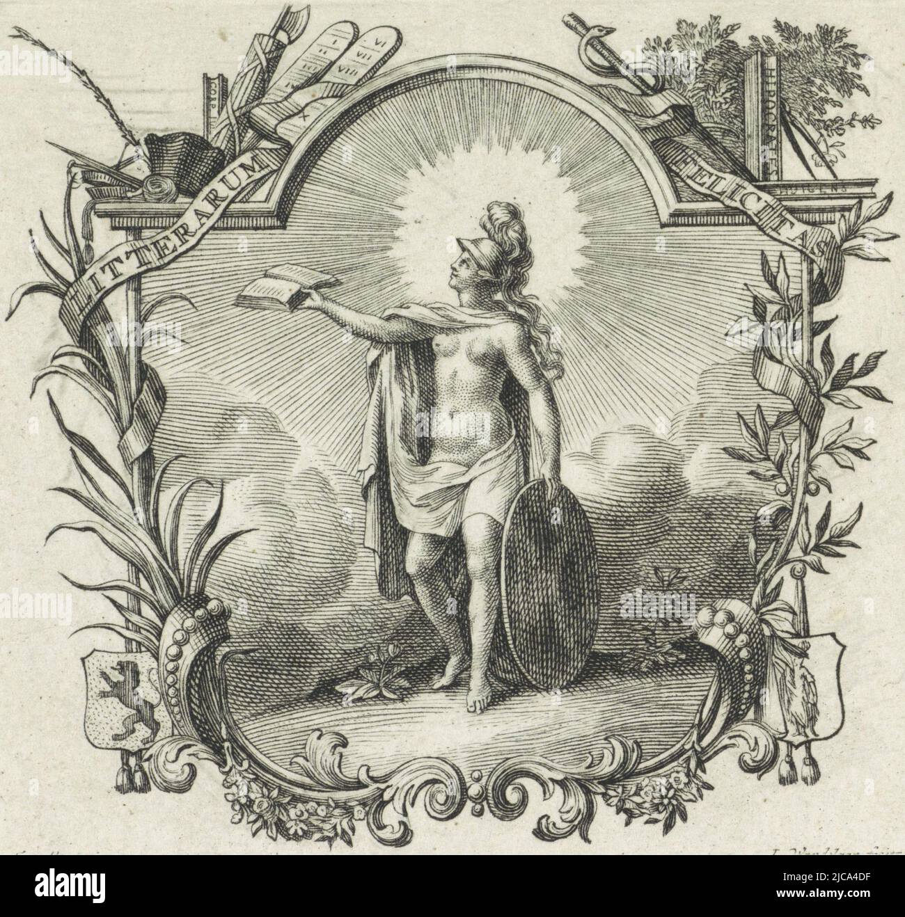 Minerva looks up She holds an open book and a shield Around the ...