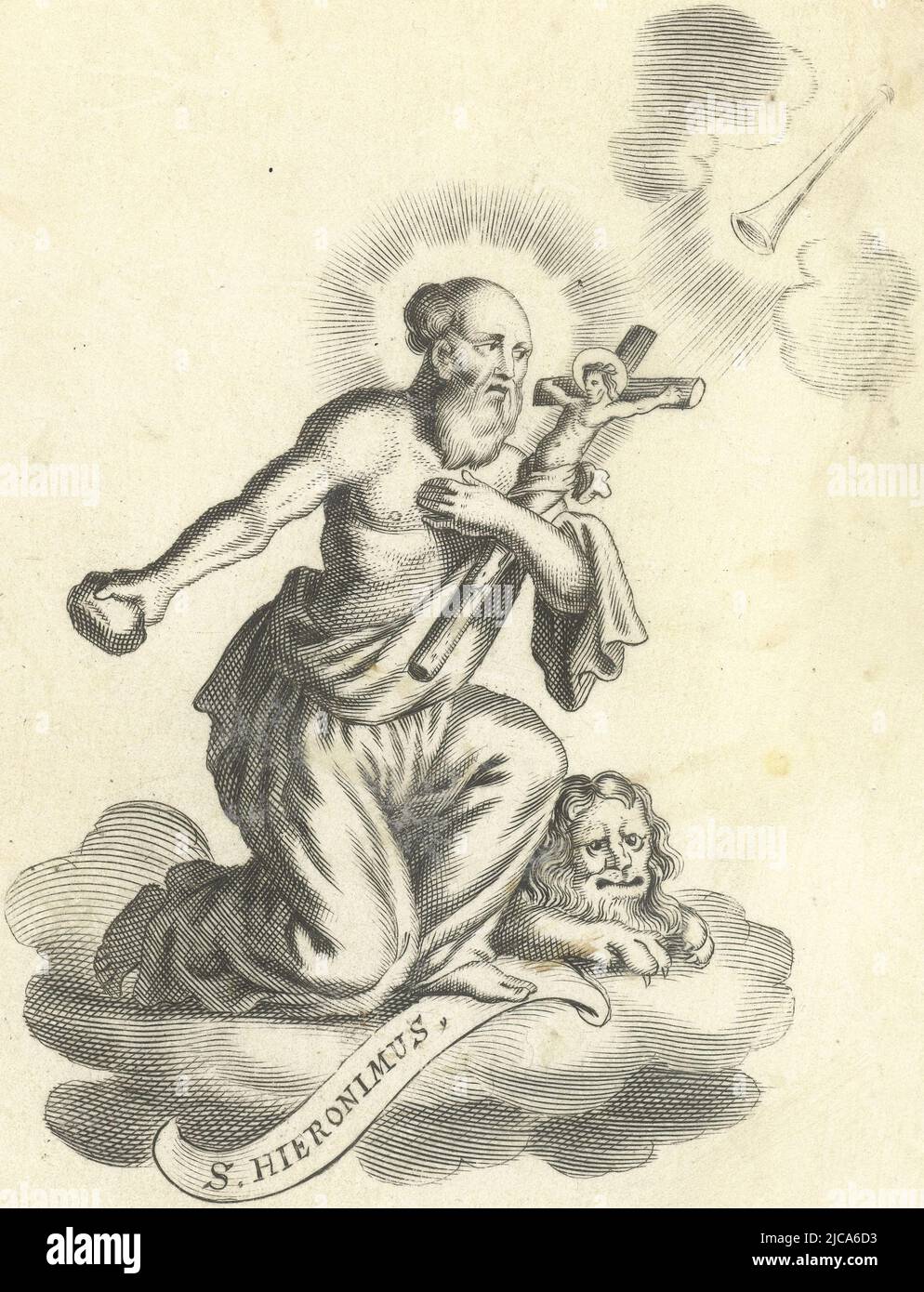 Saint Jerome, kneeling on a cloud, holding a crucifix and a stone and beside him his attribute ...