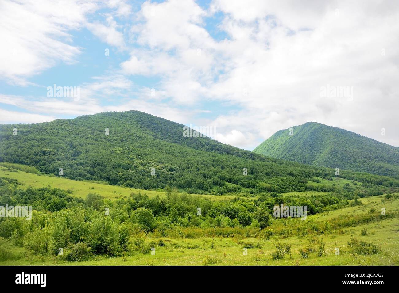 Alpine meadows, foggy mountains at Abkhazia (Kodori Gorge Stock Photo ...