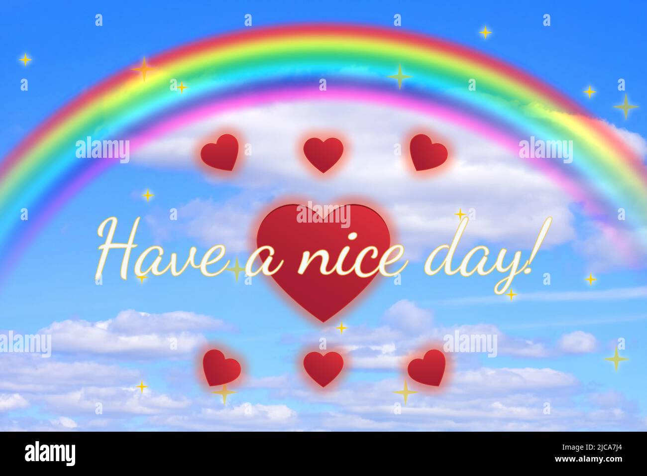 Text Have a nice day on blue sky with clouds, hearts, rainbow, stars ...