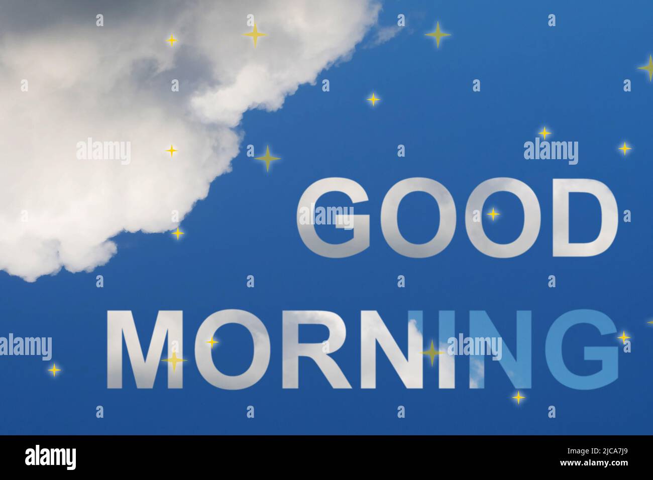 Text Good morning on blue sky with clouds stars. Greeting card concept ...