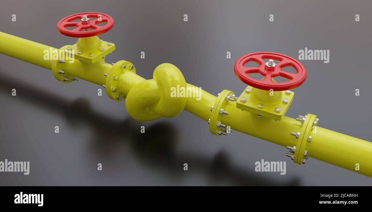 Gas conflict concept. Natural gas pipeline yellow color with a knot on ...