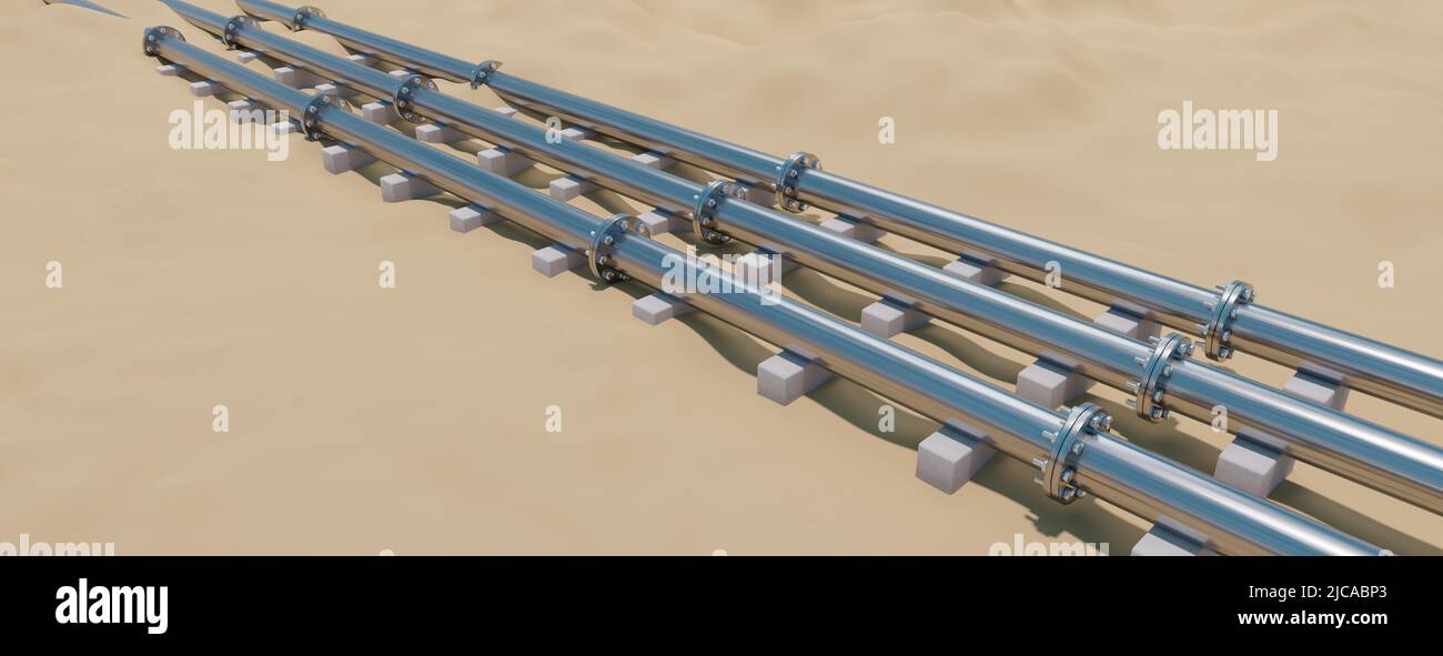 Industrial Pipe lines and valve with wheel on sand ground. Stainless ...