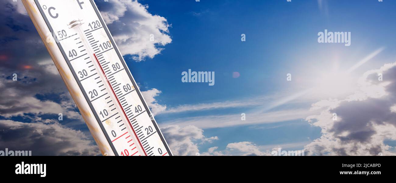 Summer heat, high temperature outdoor, hot desert weather. Thermometer ...