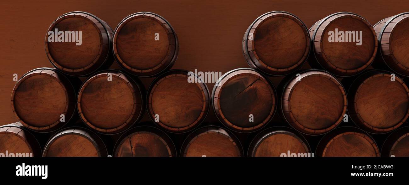 Oak wood barrel background, wine beer casks stacked in a dark cellar ...