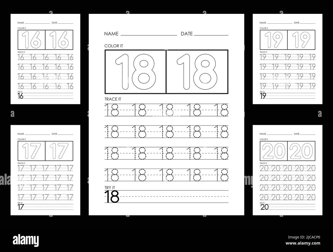 Tracing And Coloring Numbers Worksheets Learn Numbers Stock Vector ...