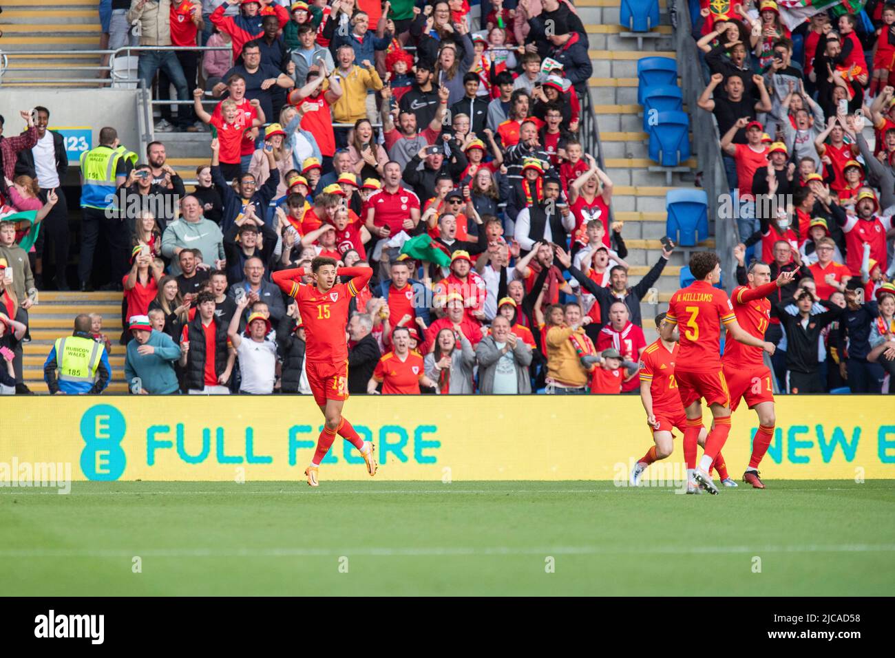 Cardiff, Wales, UK. 8th June, 2022. Ethan Ampadu of Wales appears to ...