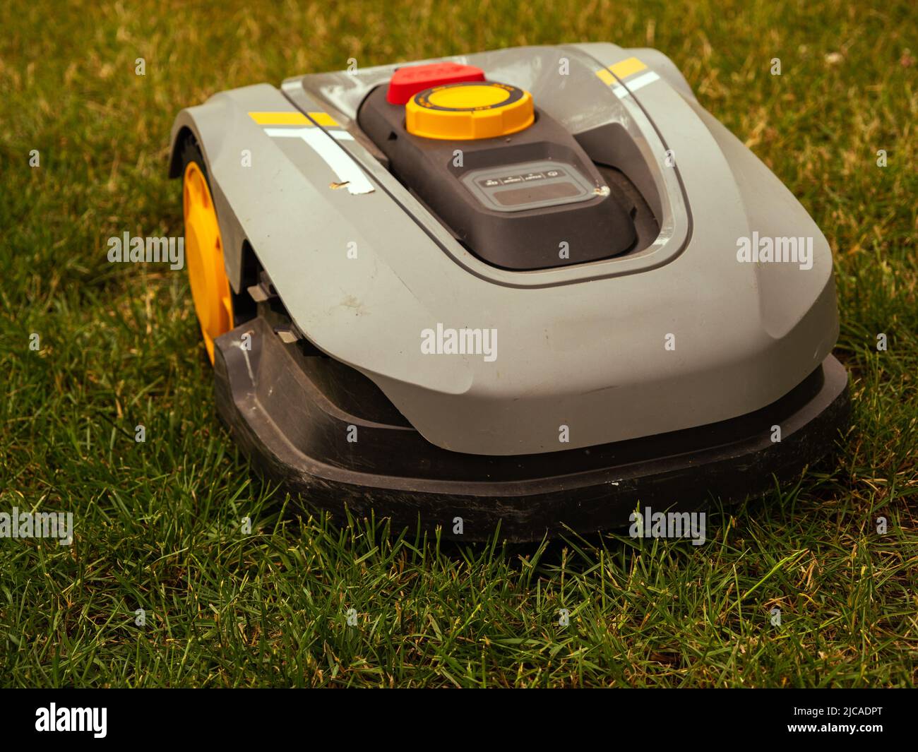 Robot lawnmower. The electronic lawn mower mows the grass Stock Photo ...
