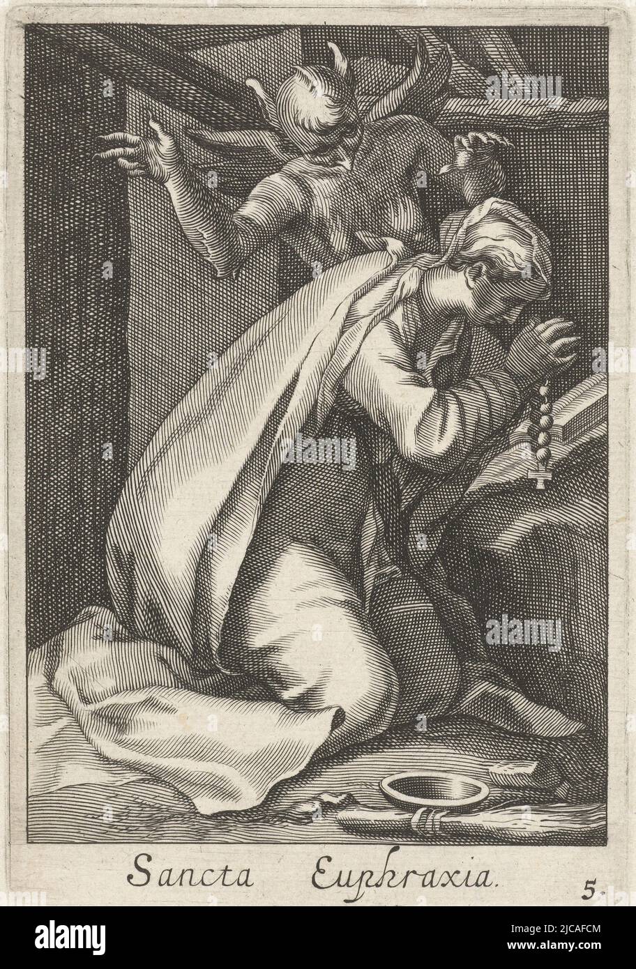 Saint Euphrasia of Constantinople as a hermit kneels in prayer in her ...