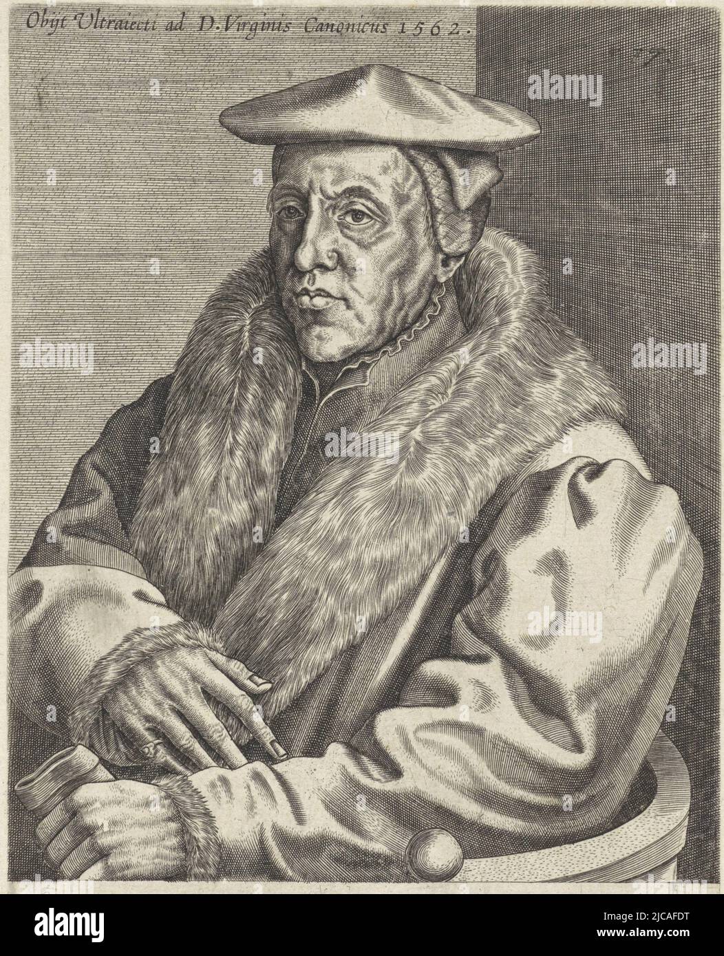 Above the subject, a line of biographical data in Latin In the margin a ...