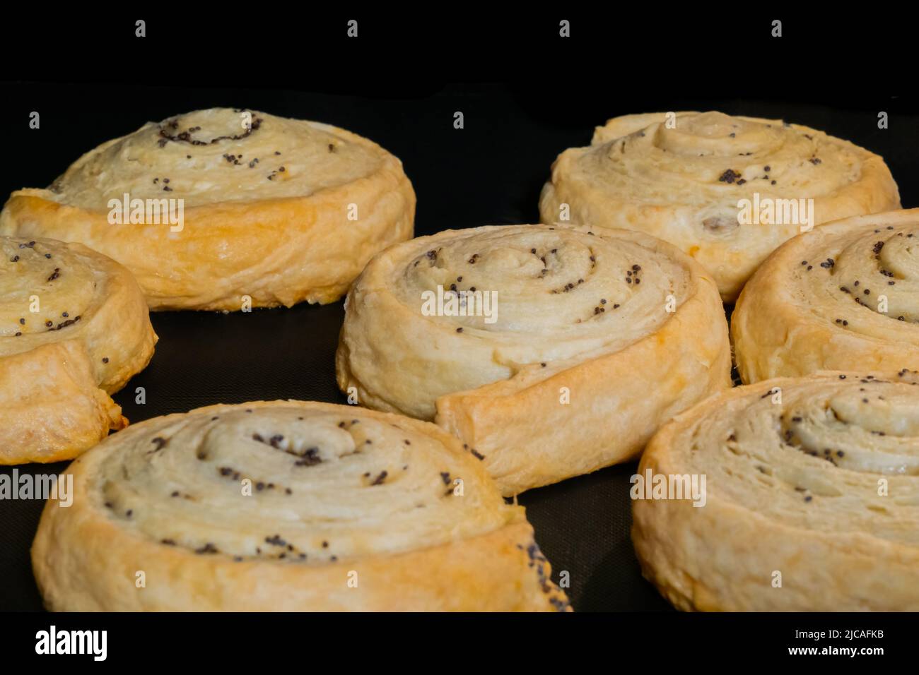 Many homemade buns with poppy seeds baking in electric oven Stock Photo ...