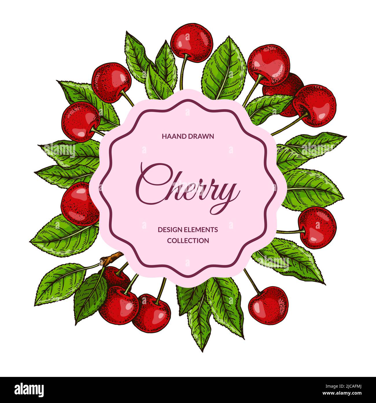 Colorful square cherry design. Vector illustration in colored sketch ...
