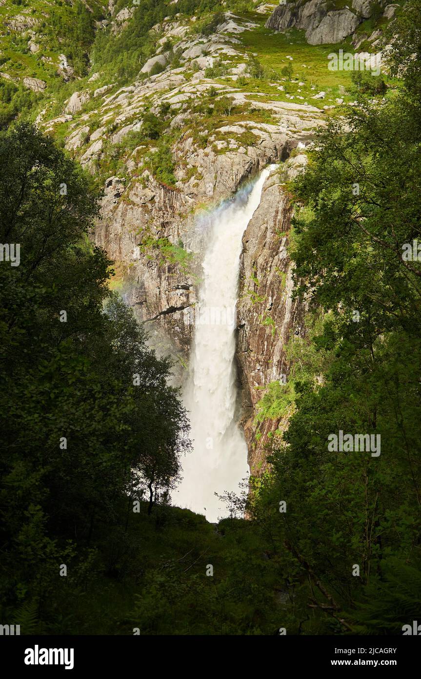 An opening in the forest reveals an impressive and wild waterfall Stock ...