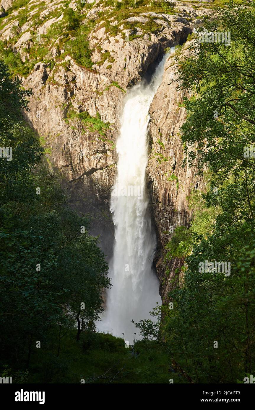 An opening in the forest reveals an impressive and wild waterfall Stock ...