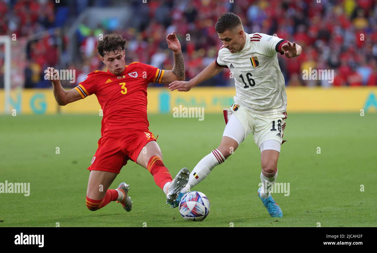 Cardiff, UK. 11th June, 2022. Welsh Neco Williams and Belgium's Thorgan ...