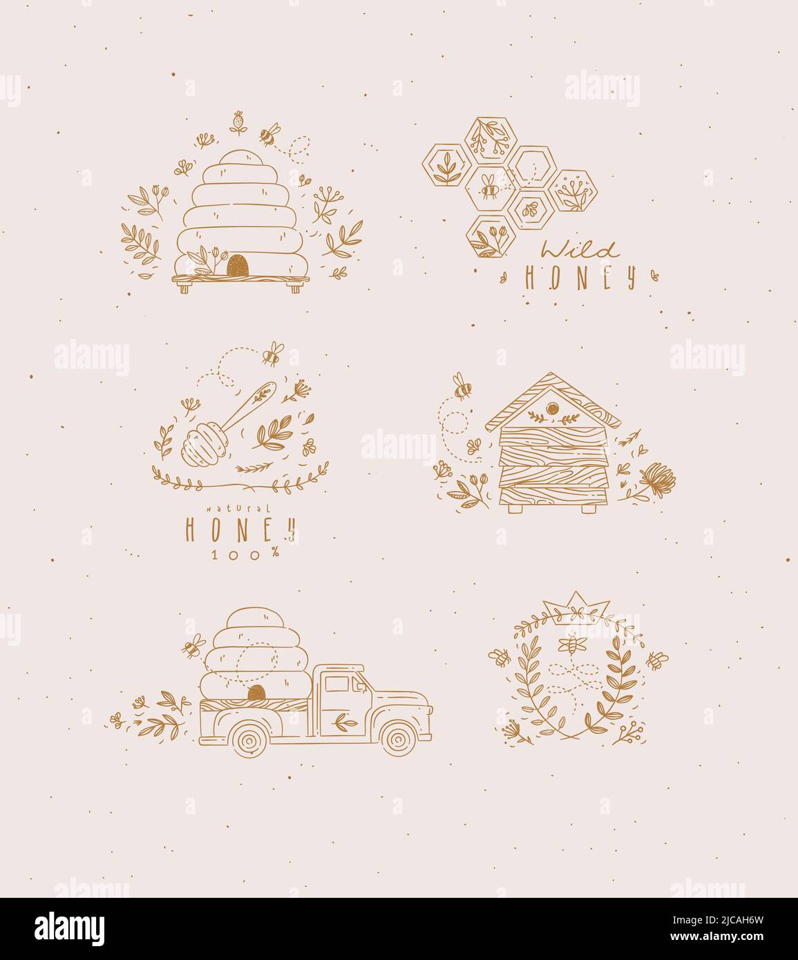 Honey collection of labels, beehive, honeycomb, spoon with flower and ...