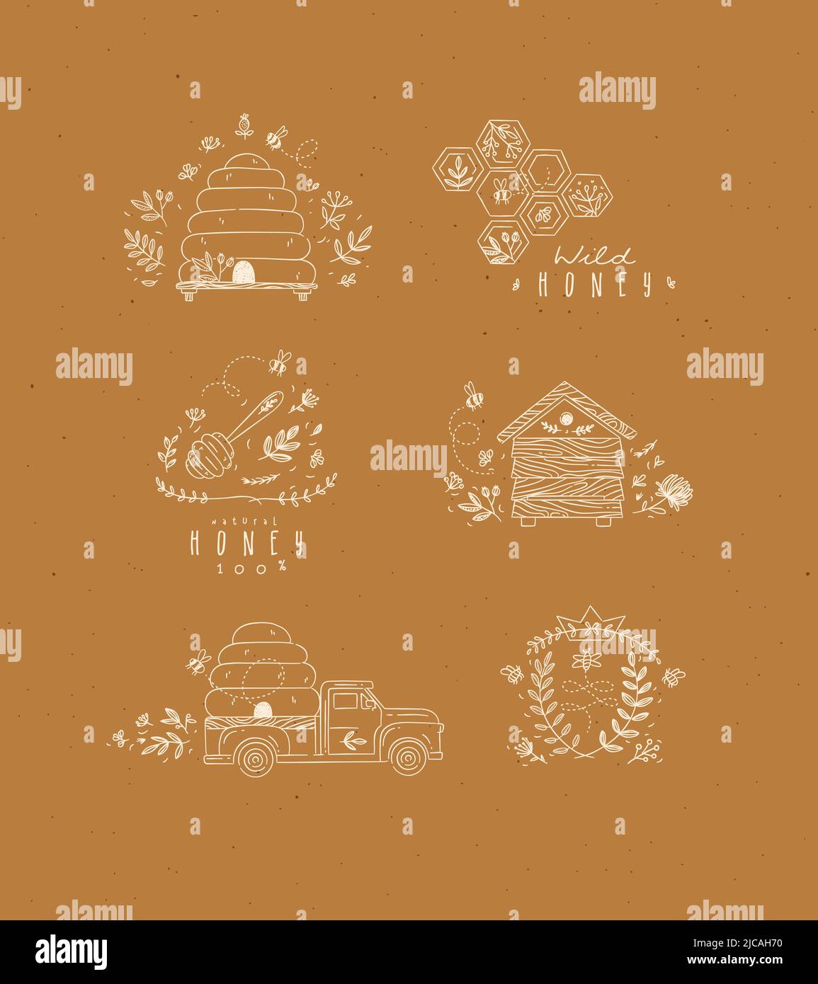 Honey collection of labels, beehive, honeycomb, spoon with flower and ...