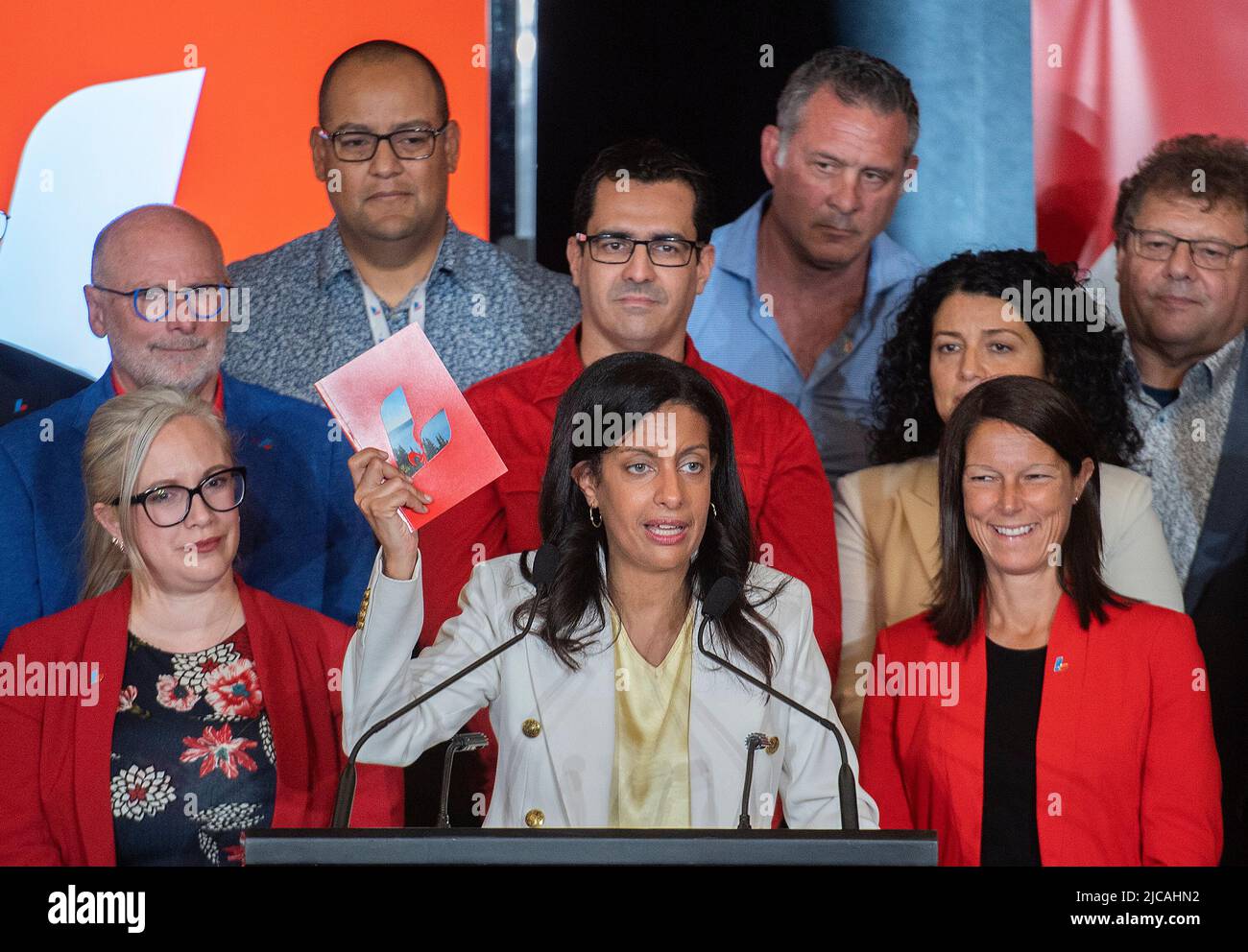 Quebec Liberal Party Leader Dominique Anglade, centre, speaks at their ...
