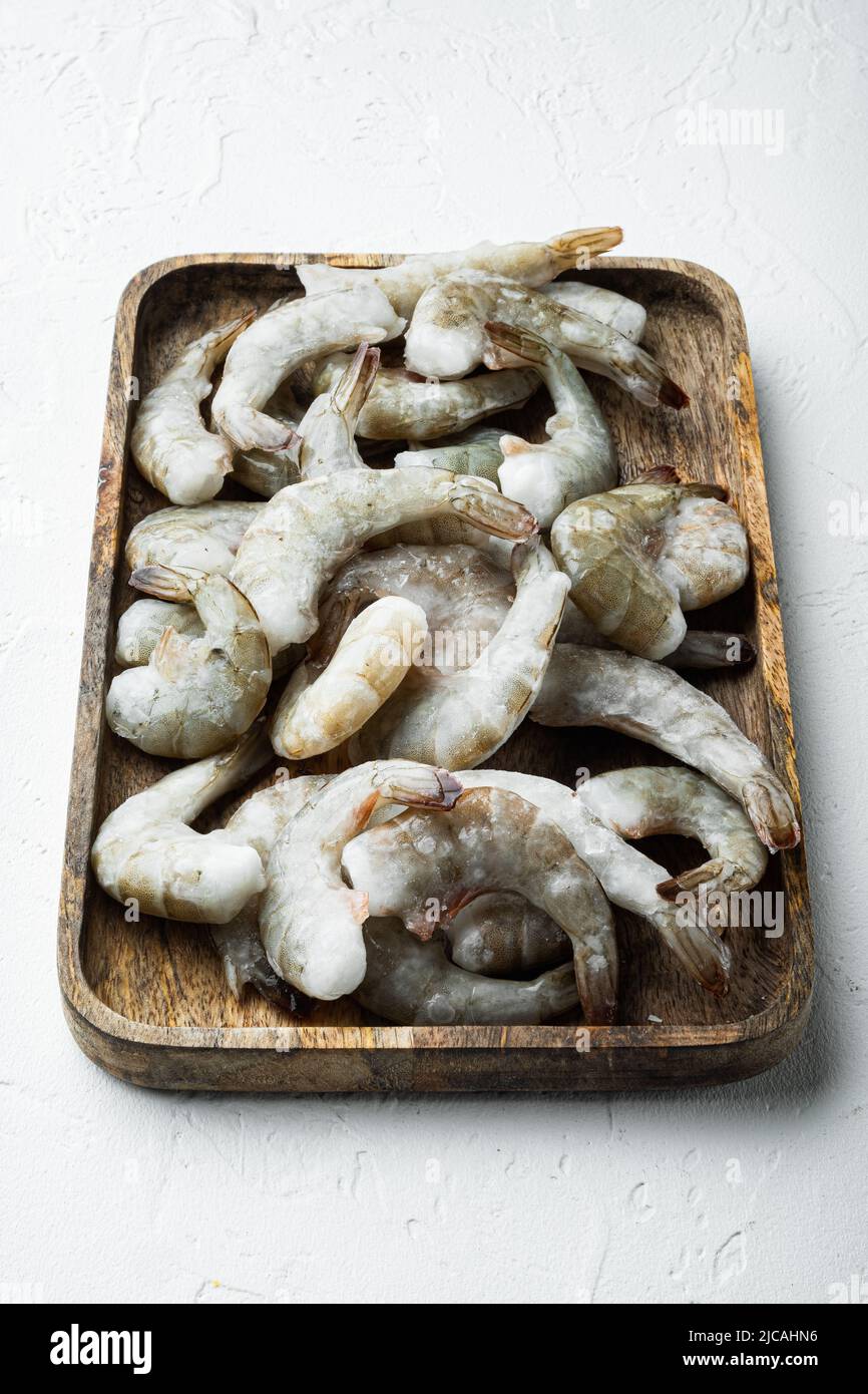 Frozen shell on Tiger Prawns or Asian tiger Shrimps, on wooden tray, on ...