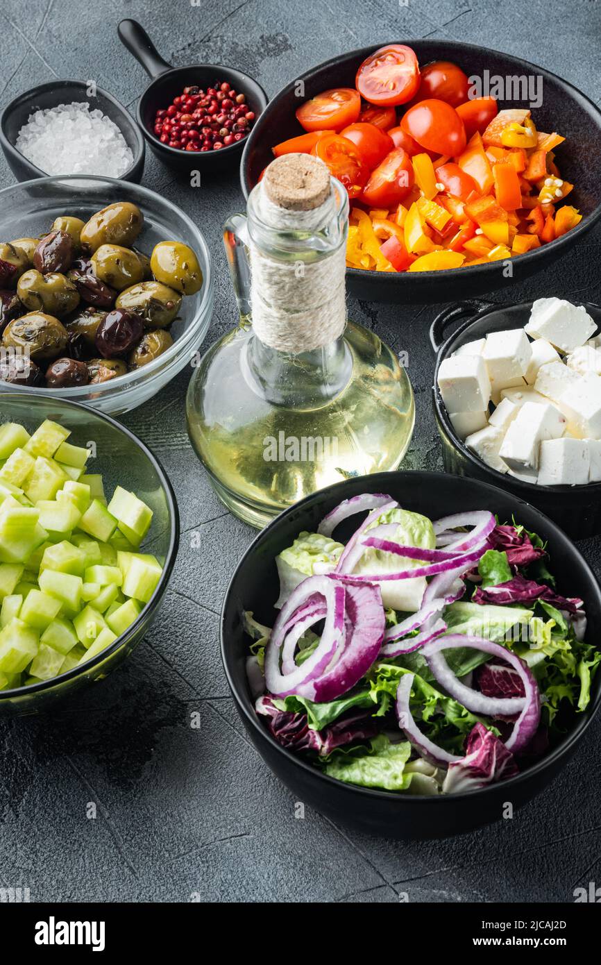 Ingredients for traditional greek salad. Tomatoes, onion, olives, feta ...