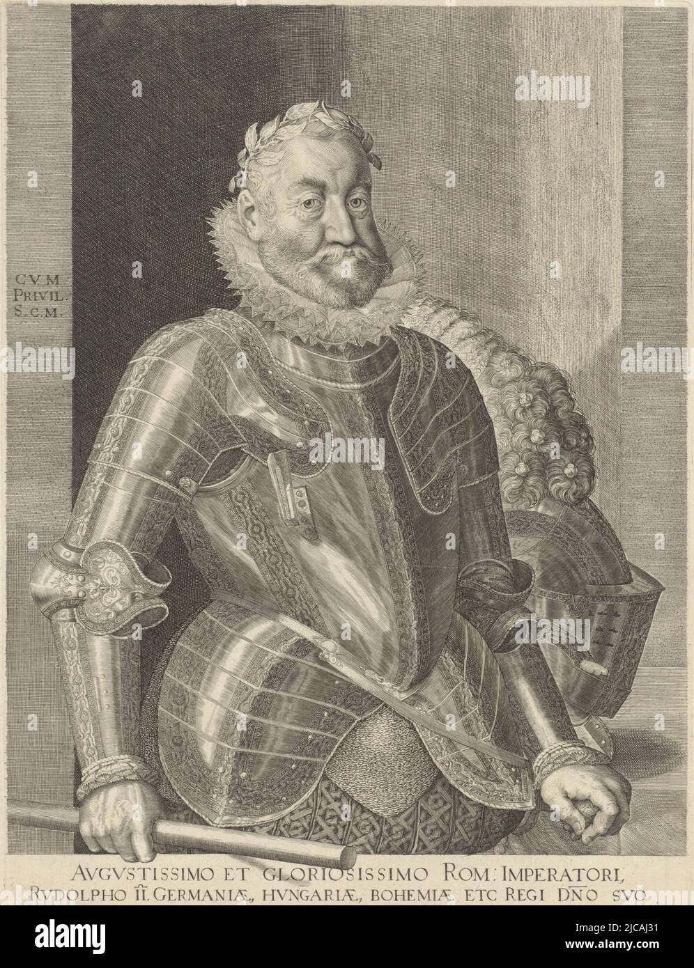 Rudolf II, Emperor of the Holy Roman Empire in armor, standing by table ...