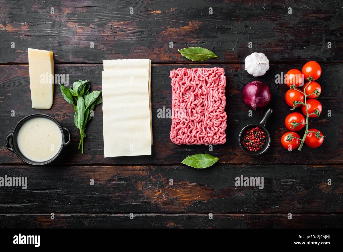 Ingredients for the preparation of Lasagna. Tomatoes, sauce, Bechamel ...