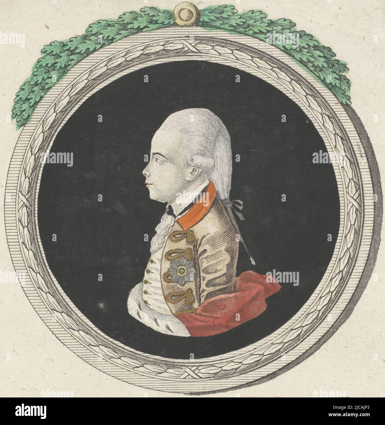 Portrait of Frederick in an ornamented circle On a pedestal his name ...